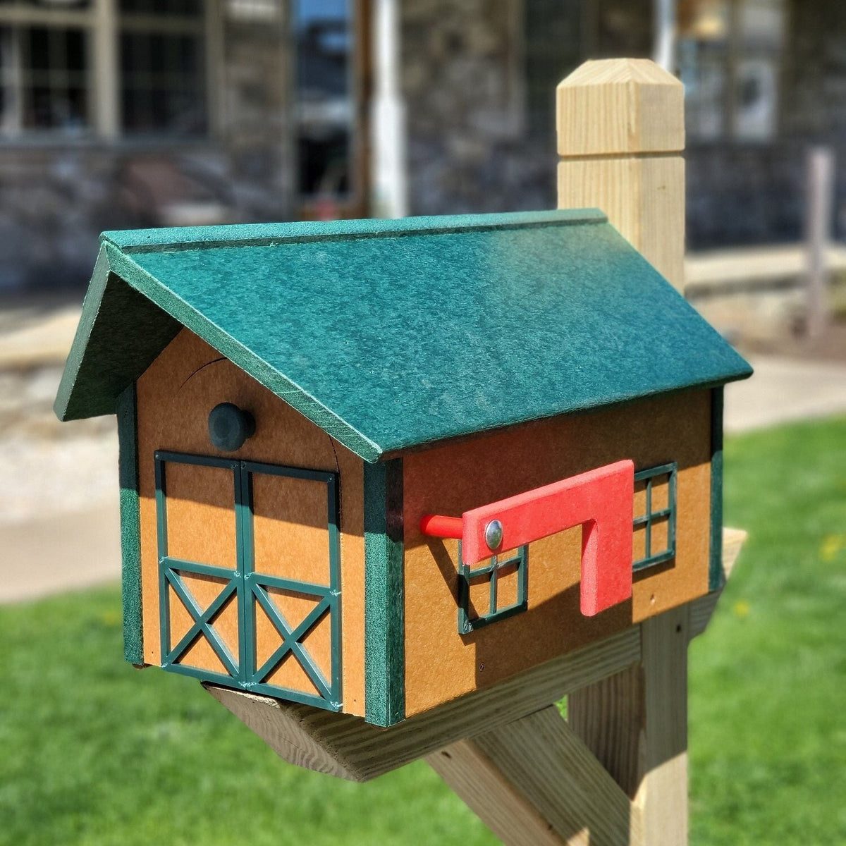 Amish Mailbox - Green Roof and Trim, Cedar Box - Poly Lumber Barn Styl ...